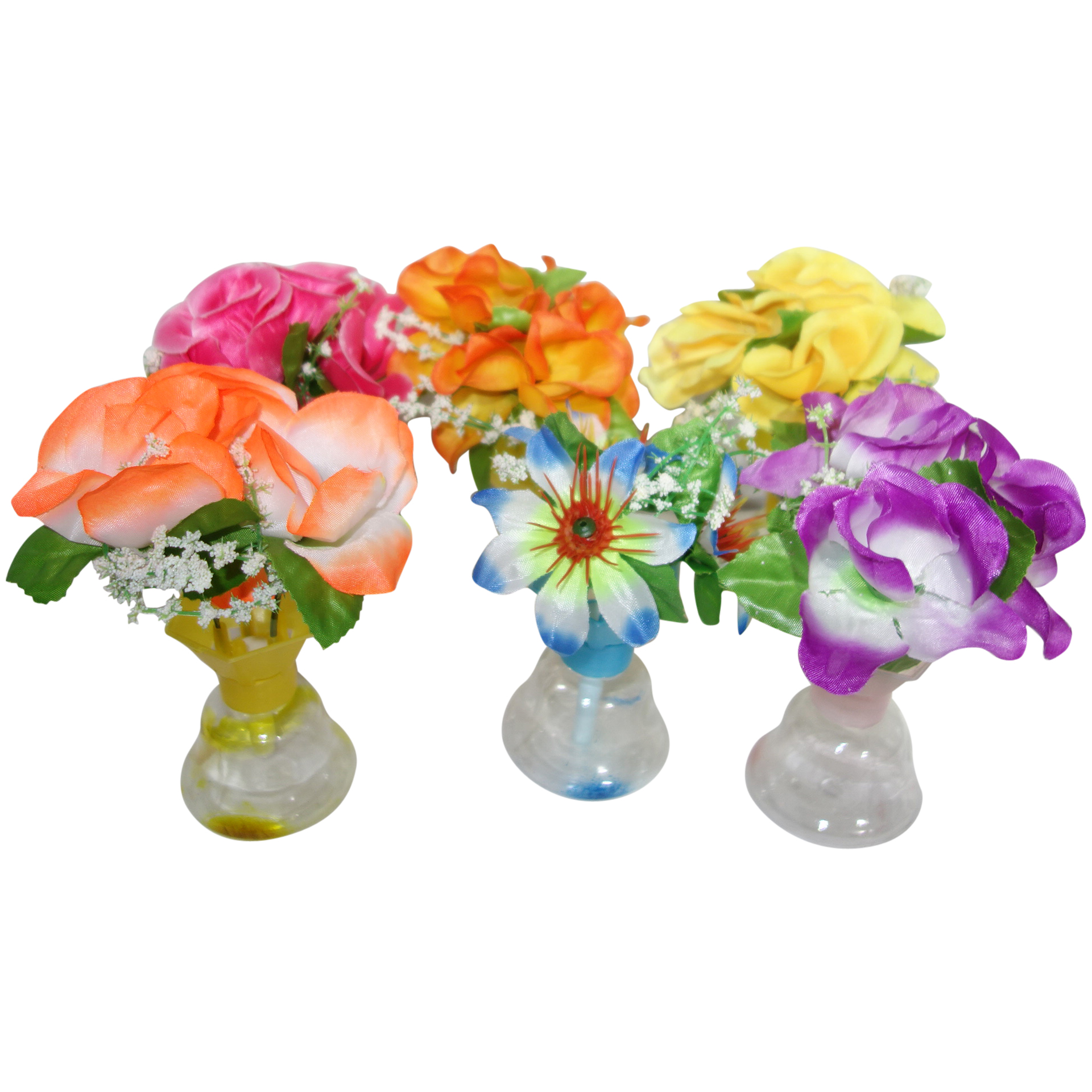 SET 6 MINI POSIES IN GLASS VASE,>ARTIFICIAL FLOWERS