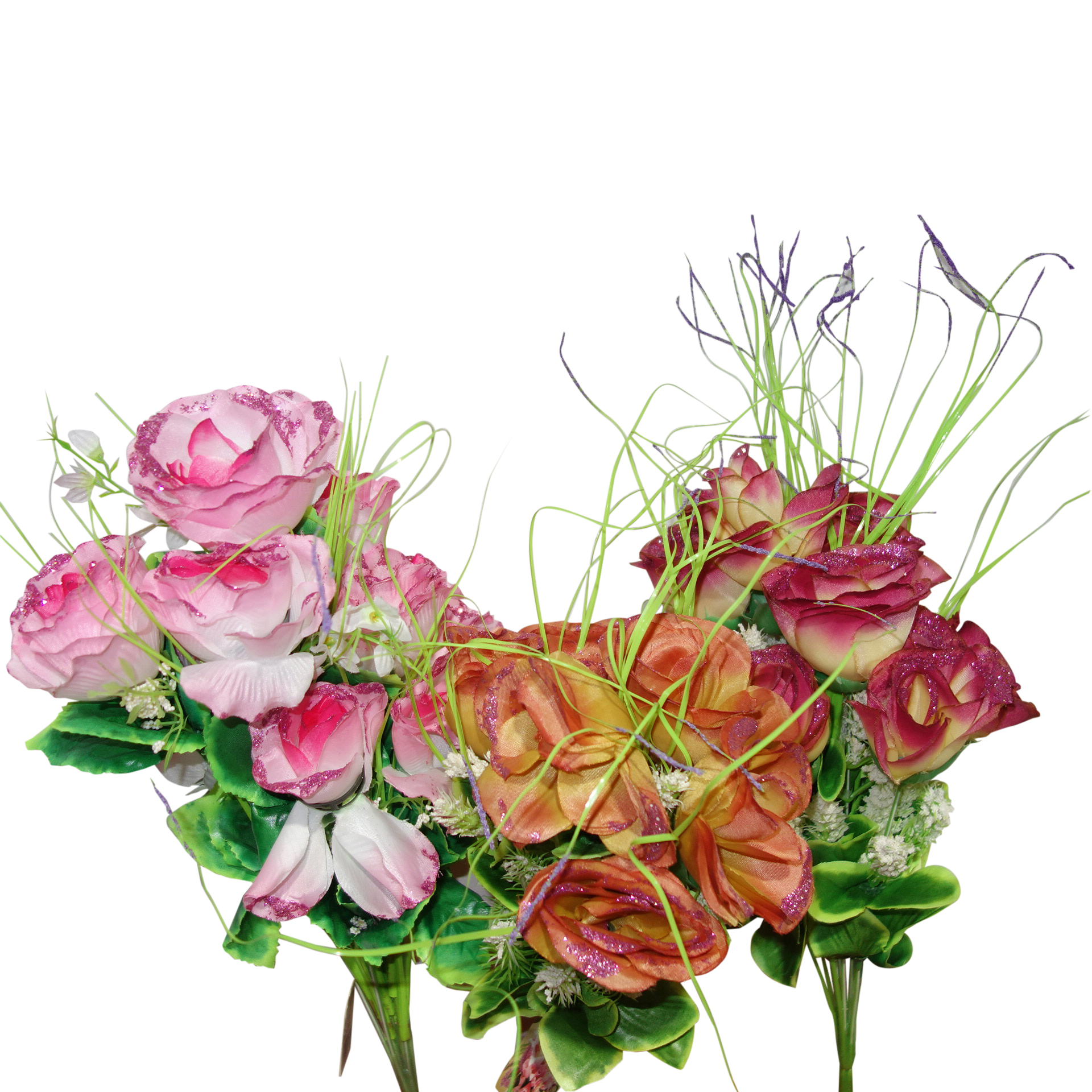 BOUQUET OF ROSE BLOOMS /Glitter Trim,>ARTIFICIAL FLOWERS